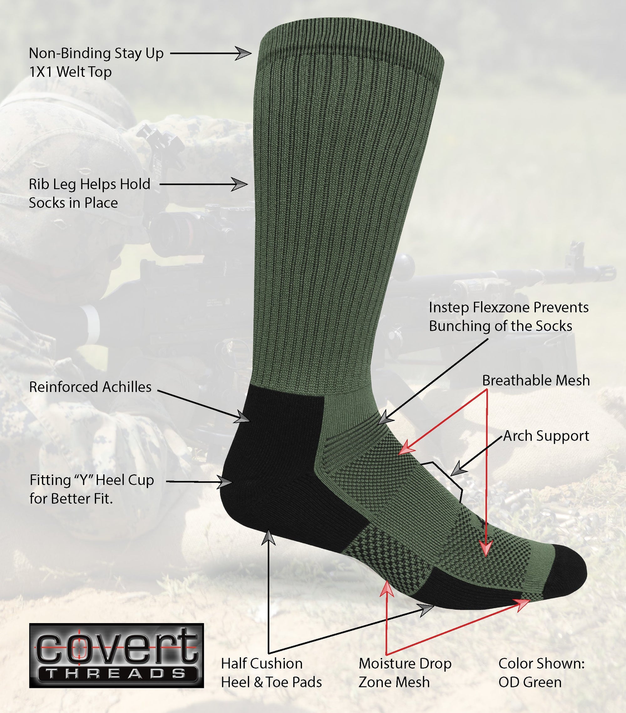 JUNGLE Quick Dry Silver Lining - Military Boot Sock - Covert Threads